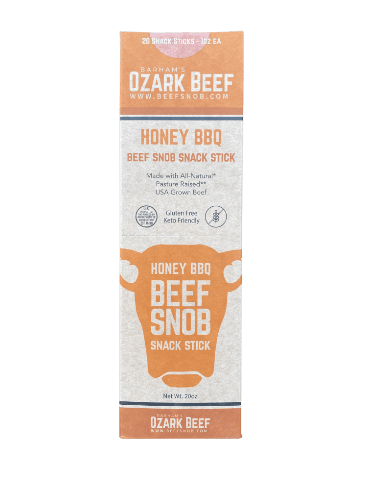 Honey BBQ Beef Snob Snack Sticks – Box of 20 Sticks - Barham's Ozark Beef